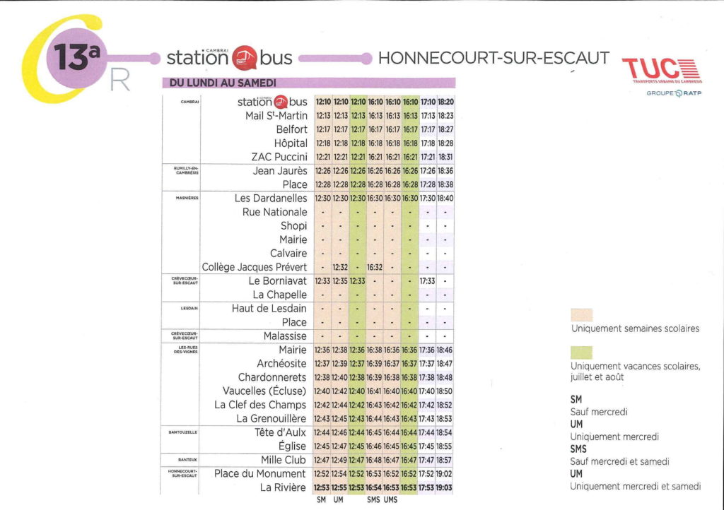 Transports – Lignes et horaires des bus – Masnières